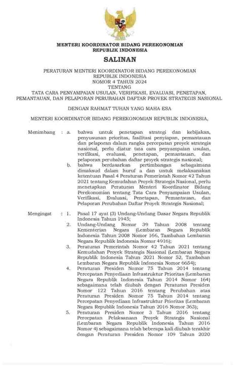 Peraturan Menko Perekonomian No 4 Tahun 2024 Tentang Tata Cara Penyampaian Usulan Verifikasi