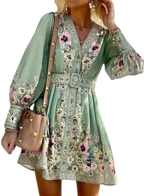 Wassery Women Boho Aline Dress Fall Pleated Knee Length Swing
