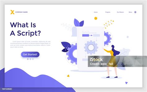 톱니바퀴가 달린 청사진을 보고 있는 여성이 있는 랜딩 페이지 템플릿 스크립트 프로그래밍의 개념 서비스 자동화 알고리즘 기술 문서 현대 평면 벡터 그림입니다 개념에 대한 스톡