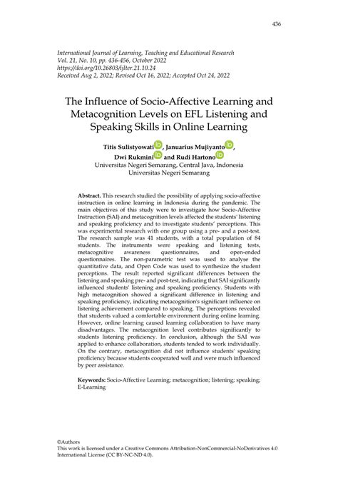 Pdf The Influence Of Socio Affective Learning And Metacognition