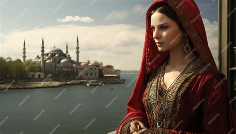 Mujer Turca En Plano Completo Con El Majestuoso Palacio De Topkapi Al