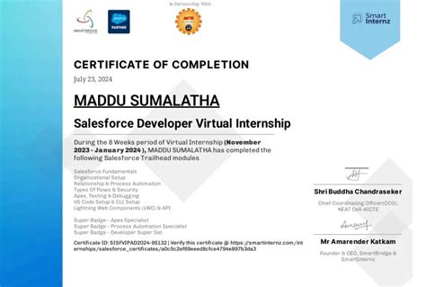 Sumalatha Maddu On Linkedin Salesforce Developer Certification Smartinternz Smartbridge