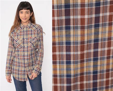 Plaid Western Shirt 80s Ely Plains Brown Yellow Blue Pearl Snap Shirt