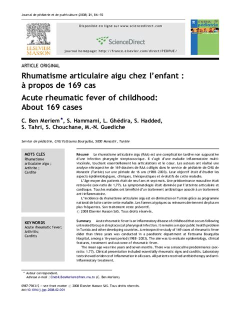 Pdf Rhumatisme Articulaire Aigu Chez Lenfant à Propos De 169 Cas