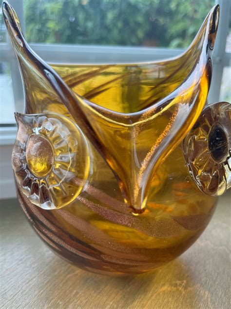 Vintage Hand Blown Glass Owl Vase Amber Gold Aventurine Abstract Etsy
