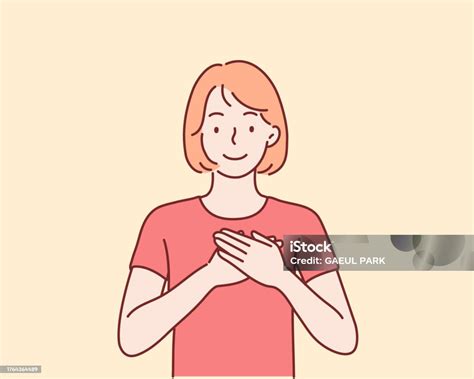 기쁜 표정으로 감동 된 긍정적 인 여성은 가슴에 손을 얹고 감사를 느끼며 감사의 좋은 말에 감동합니다 감사에 대한 스톡 벡터