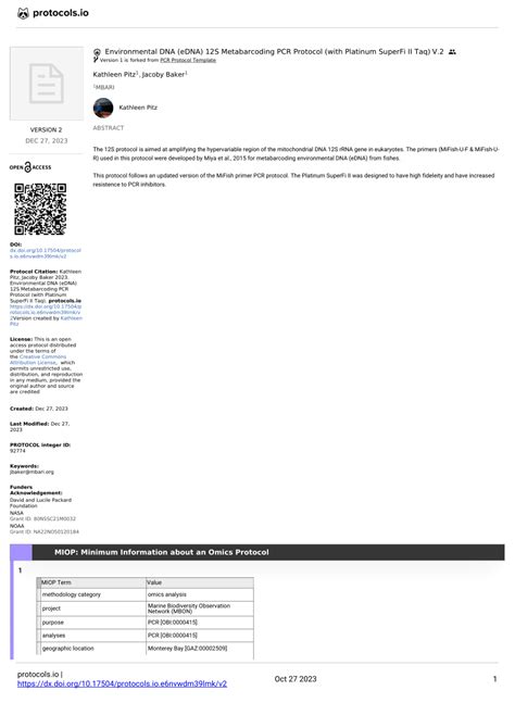 Pdf Environmental Dna Edna 12s Metabarcoding Pcr Protocol With