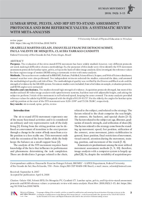 Pdf Lumbar Spine Pelvis And Hip Sit To Stand Assessment Protocols And Rom Reference Values A