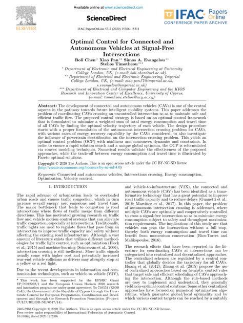 Pdf Optimal Control For Connected And Autonomous Vehicles At Signal