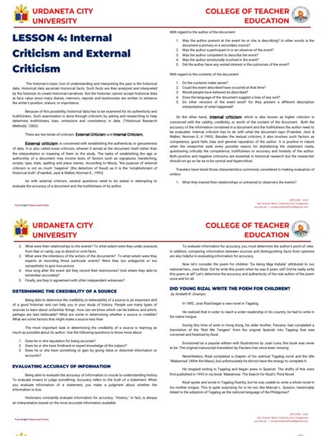 Lesson 4 Internal And External Criticism Word Pdf Philippines