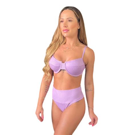 Biquíni Meia Taça Retrô Calcinha Hot Pants Faixa Canelado Mônaco Lilás