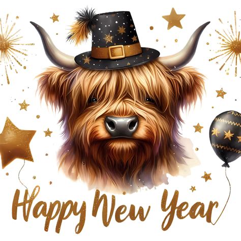 11 Watercolor New Year Highland Cow Clipart Bundle High Quality Disco