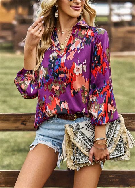 Abstract Print V Neck Blouse Boho Collared Long Sleeve Temu