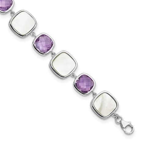Sterling Silver Rhod Plated 2381amethystmop W2 In Ext Bracelet