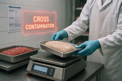 Cross Contamination Risk Shown By Food Inspector Handling Raw Chicken