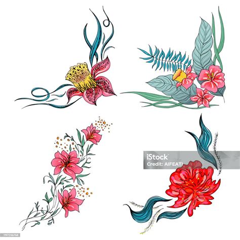 4 여름 다채로운 열대 꽃의 집합 흰색 배경에 고립 된 꽃 식물 꽃 세트입니다 손으로 그린 벡터 컬렉션입니다 식물 하와이