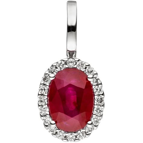 Anhänger aus 585 Gold Weißgold mit Rubin rot oval 20 Diamanten