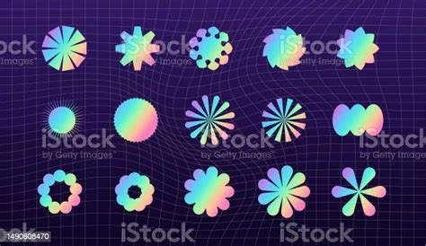 홀로그램 호일 스티커 Holo 엠블럼 태그 템플릿에는 무지개 빛깔의 색상 그라데이션 기하학적 기호 및 Y2k 스타일의 개체가 있습니다 0명에 대한 스톡 벡터 아트 및 기타