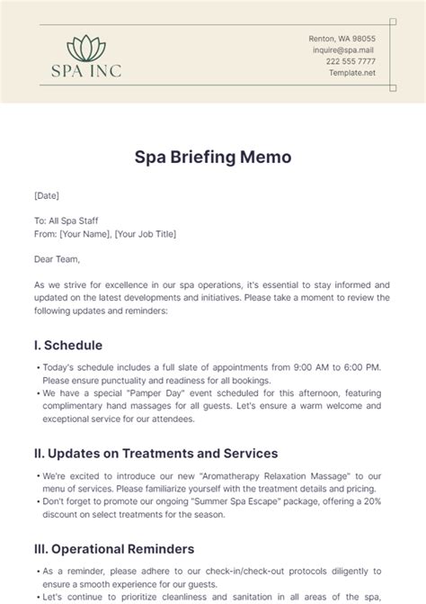 Free Spa Briefing Memo Template To Edit Online