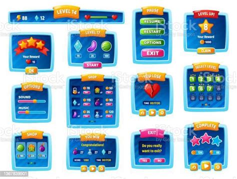 캐주얼 게임 메뉴 와 팝업 창 만화 게임 응용 프로그램 Ui 요소 레벨 선택 일시 중지 상점 창 모바일 게임 디자인 자산 벡터