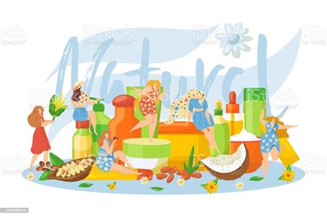 유기농 천연 화장품 벡터 일러스트레이션 미용 제품 플랫 크림으로 피부 미용에 대한 사람 캐릭터 케어 0명에 대한 스톡 벡터 아트 및 기타 이미지 Istock