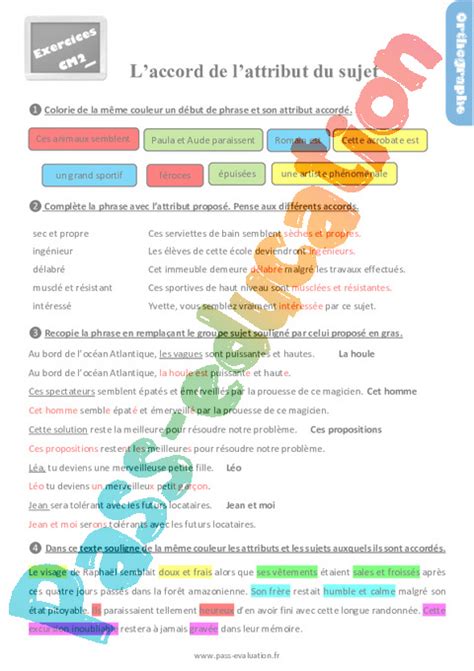 Evaluation avec le corrigé sur laccord de lattribut du sujet Bilan
