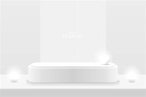 깨끗한 흰색 3d 원형 연단은 빛나는 원형 네온 램프와 수직 배경이 있는 책상 테이블 받침대에 사실적으로 배치됩니다 모형 제품을 위한 연단 장면 쇼케이스를 위한 무대 3d