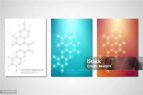 벡터 커버 또는 약 과학 및 디지털 기술에 대 한 안내 책자 육각형 패턴 기하학적 추상 배경입니다 분자 구조 및 화학 화합물입니다 0명에 대한 스톡 벡터 아트 및 기타