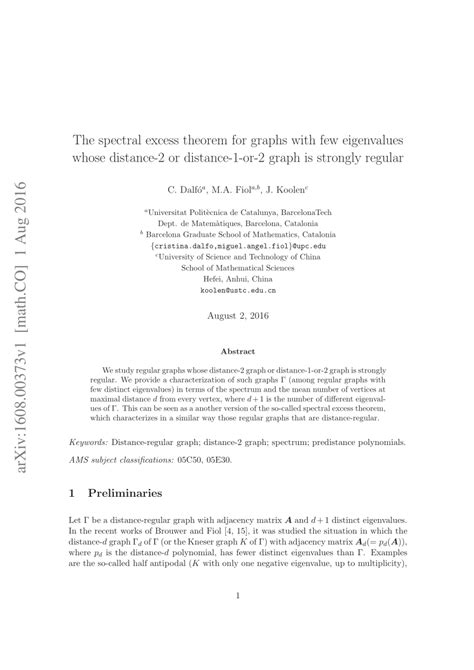 Pdf The Spectral Excess Theorem For Graphs With Few Eigenvalues Whose