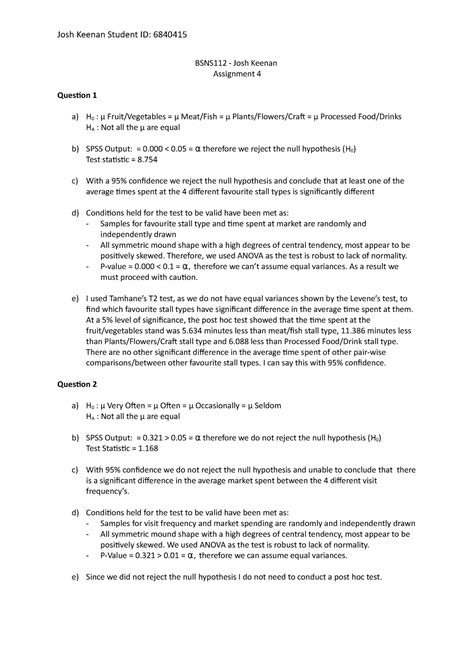 Bsns112 Assignment Bsns112 Josh Keenan Assignment 4 Question 1 A H