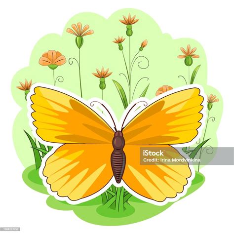피는 여름 초원의 배경에 노란색 나비 잔디 꽃 만화 스타일의 풍경 밝은 아름다운 구성 흰색에 격리된 개체입니다 벡터 0명에 대한