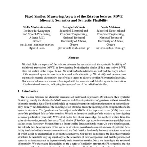 Fixed Similes Measuring Aspects Of The Relation Between Mwe Idiomatic Semantics And Syntactic