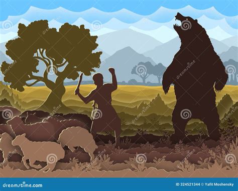David And The Bear Paper Art Bible Story Illustration Minimalism
