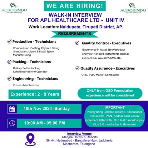 Aurobindo Walk In Interview For Production Packing Engineering Qc