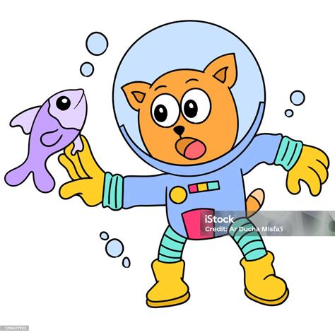 물고기와 함께 재생 물에 다이빙 장비를 사용하여 고양이 캐릭터 귀여운 낙서 그리기 벡터 일러스트레이션 고양이 새끼에 대한 스톡 벡터 아트 및 기타 이미지 Istock