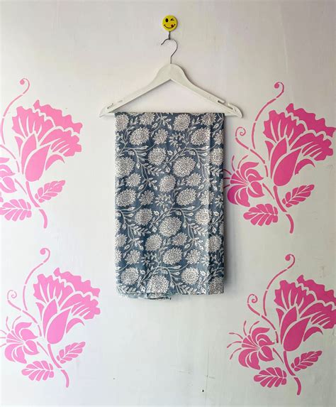 Yellow Floral Hand Block Print Fabric Indian Soft Cotton Fabric By The