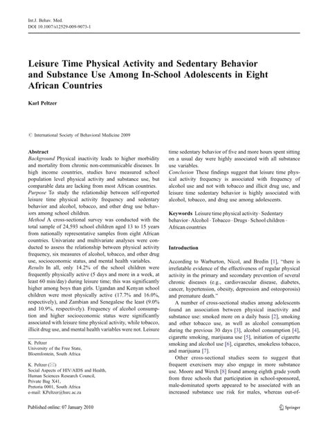 Pdf Leisure Time Physical Activity And Sedentary Behavior And Substance Use Among In School