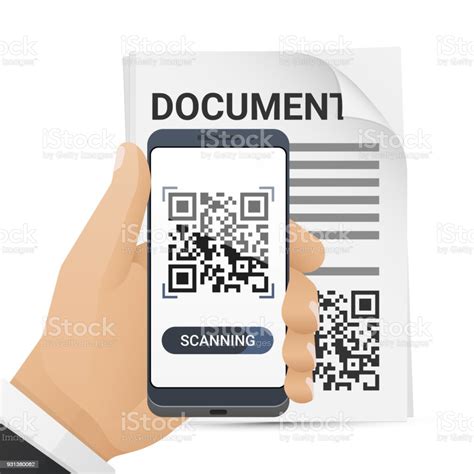 스마트폰 문서에서 Qr 코드를 스캔 하는 손 망 스마트폰 화면에 바코드 스캐너 응용 프로그램입니다 벡터 일러스트 레이 션 Qr코드에 대한 스톡 벡터 아트 및 기타 이미지