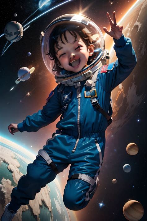 공중에 떠 있는 우주복을 입은 아이의 클로즈업 Seaart Ai