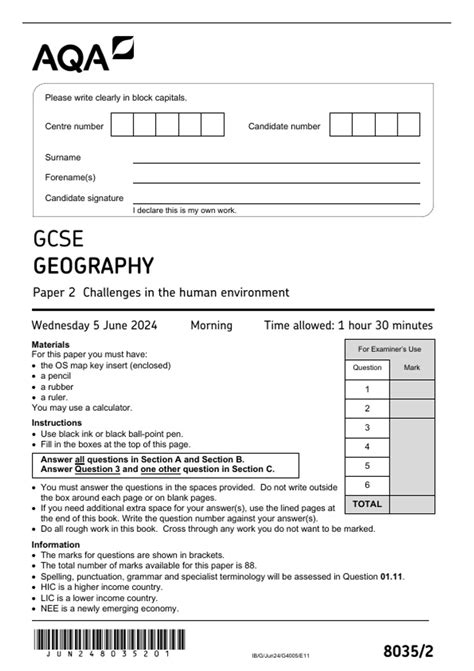 Gcse Aqa June 2024 Geography Paper 2 Geography Stuvia Uk