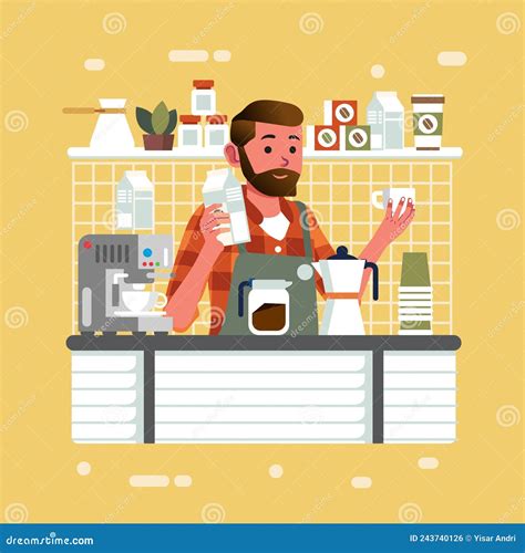 Man As Barista Holding Milk And Glass In The Cafe Counter Bar Making