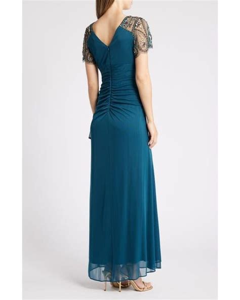Xscape Evenings Xscape Beaded Sleeve Ruched Column Gown In Blue Lyst