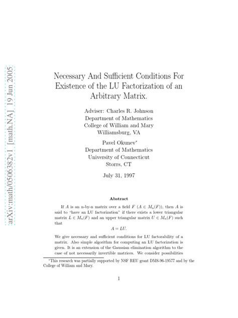 Necessary And Sufficient Conditions For Existence Of The Lu Factorization Of An Arbitrary Matrix
