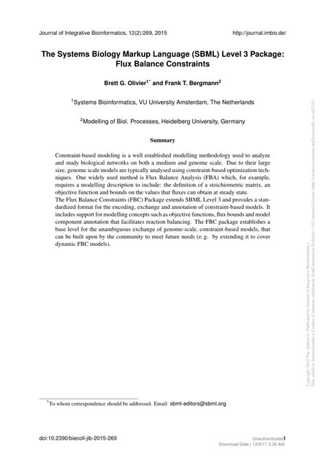 Pdf The Systems Biology Markup Language Sbml Level 3 Package Flux