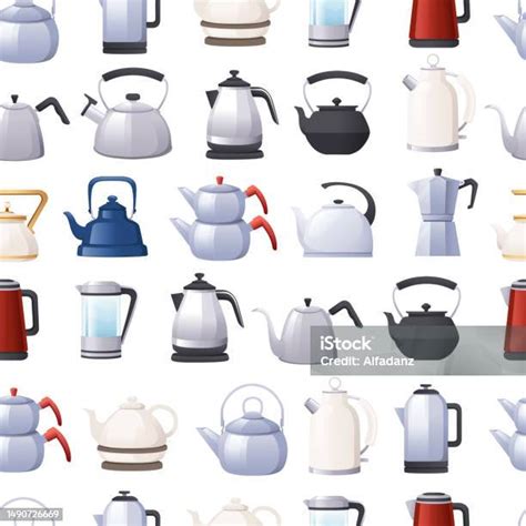 다양한 유형의 찻주전자 전기 커피 세라믹 금속 주전자 흰색 배경에 벡터 그림의 원활한 패턴 컬렉션 강철에 대한 스톡 벡터 아트 및 기타 이미지 Istock
