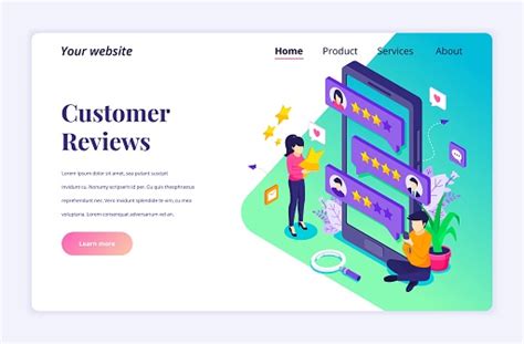고객 리뷰 개념의 Isometric 방문 페이지 디자인 개념 피드백을 주는 큰 스마트 폰 근처의 사람들 제품 또는 서비스를