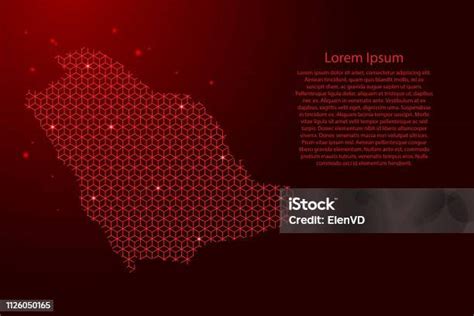 배너 포스터 인사말 카드에 대 한 패턴 형상 마름모와 배경과 공간 별 노드를 반복 하는 빨간 라인에서 사우디 아라비아 지도 추상 회로도 벡터 일러스트입니다 3차원 형태에