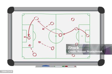 화이트 보드에 축구 게임 전략 마커 보드에 축구 전술 계획그리기 벡터 그림입니다 축구에 대한 스톡 벡터 아트 및 기타 이미지