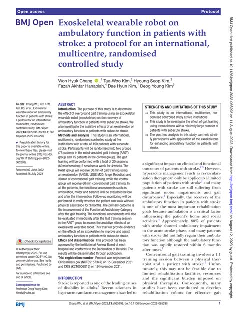 Pdf Exoskeletal Wearable Robot On Ambulatory Function In Patients With Stroke A Protocol For