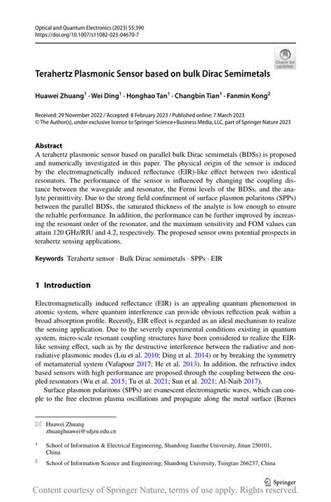 Terahertz Plasmonic Sensor Based On Bulk Dirac Semimetals Request Pdf